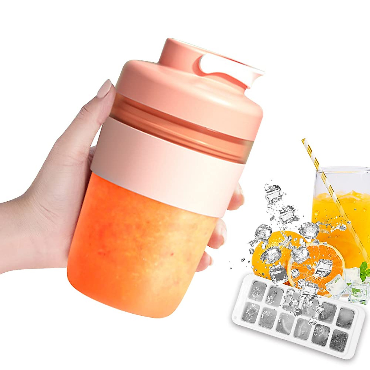 14Oz Mini Portable Blender for Shakes and Smoothies, Personal Size Blender for Traveling, Outdoor, Gym, Office, Rechargeable Mini Juicer Cup with Ice Cube Tray Included