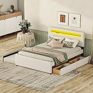 FEELHOME Queen Size Upholstered Platform Bed with 2 Storage Drawers and Twin Trundle, LED Lights and USB Charging, Linen Queen Bed Frame with Headboard and Wood Slat Support,Beige