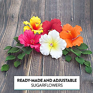 Global Sugar Art Hibiscus Sugar Cake Flowers, Assorted Colors, 5 Count and Leaf Sprays by Chef Alan Tetreault