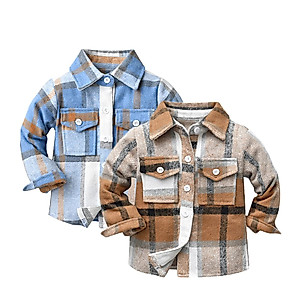 Feidoog Toddler 2 Pack Baby Boys and Girls Plaid Shirts Jacket Long Sleeve Lapel Button Down Shirt Top Outwear Clothes,Blue+Brown,3-4T
