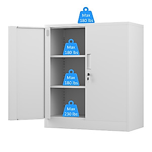 iJINGUR Metal Storage Cabinet with Locking Doors and 2 Adjustable Shelves, Small Lockable Steel Storage Cabinets for Garage Home Office Basement Pantry Classroom and Workshop (White)