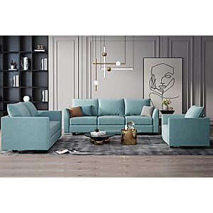 HONBAY Modern Fabric Living Room Furniture Sets 3 Pieces Sofa Loveseat and Armchair Set Modular Sofa Sectional Couch Set in Aqua Blue