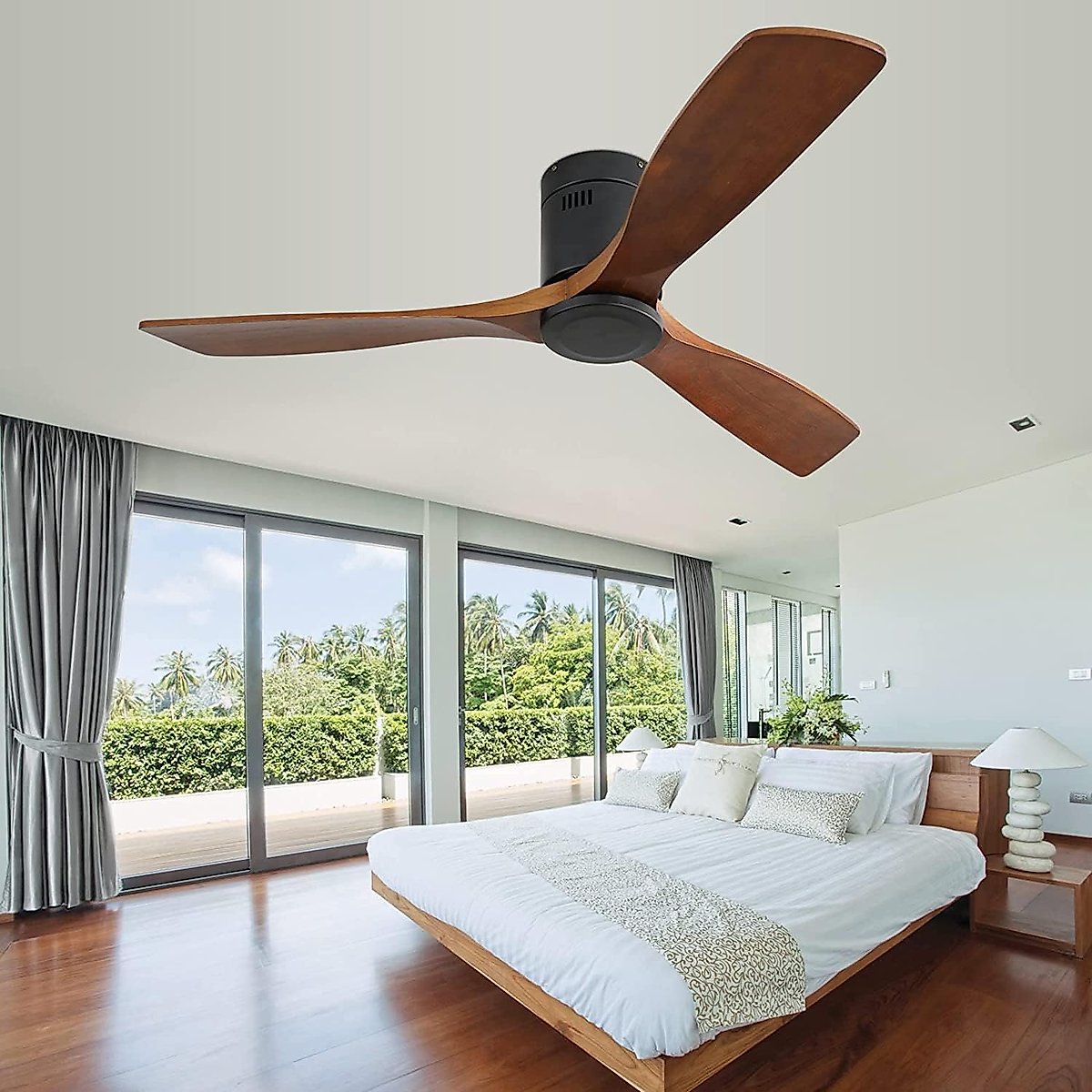 CACI Mall 52 Inch Ceiling Fan with Remote Control, Low Profile Flush Mount Ceiling Fan without Light, 3 Walnut Wood Ceiling Fan No Light, Noiseless Reversible ETL DC Motor with Timer