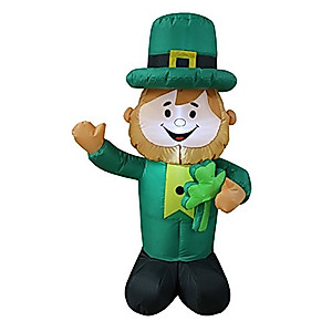 4 Foot Tall Saint Patrick's Day Inflatable Green Leprechaun Holding Shamrock Pre-Lit LED Lights Cute Lucky Outdoor Indoor Holiday Blow up Lighted Yard Decoration