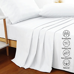 Flat Sheet Only King Size, 400 TC 100% Egyptian Cotton Flat Sheet Striped Satin-White Cotton Top Sheet- Wrinkle, Fade, Stain Resistant (Striped-White, King)