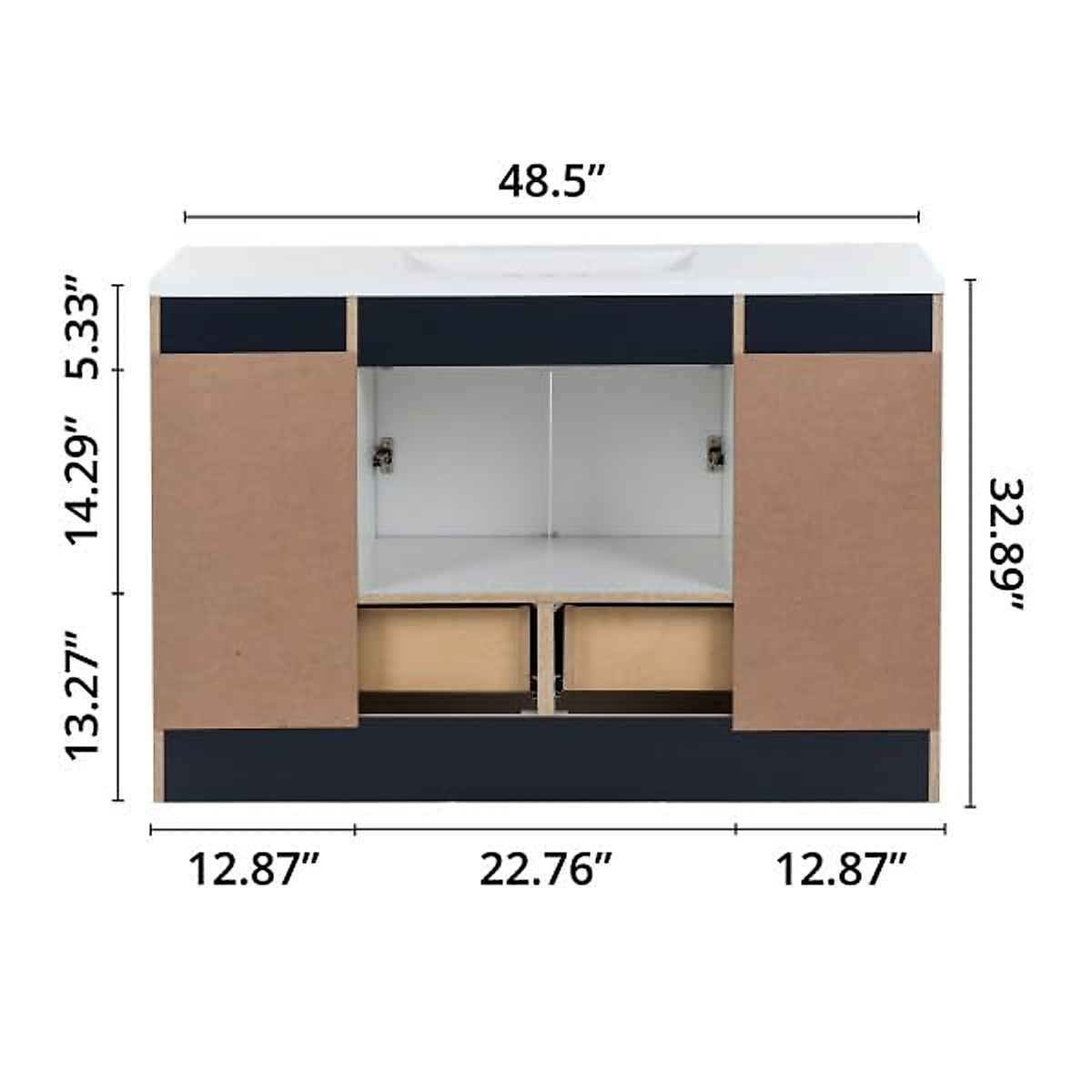 Spring Mill Cabinets Emlyn 48 Inch Bathroom Vanity with White Single Sink Top, 3 Cabinets, 2 Shelves, 2 Drawers, 48.5" W x 18.75" D x 32.89" H, Deep Blue