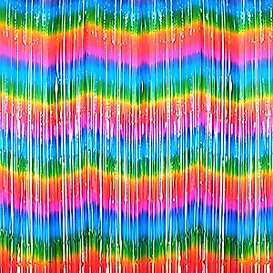 3 Pack 3.2ft x 8.2ft Rainbow Metallic Tinsel Curtains Mexican Fiesta Party Photo Backdrop Foil Fringe Curtains Photo Booth Props for Unicorn Birthday Party,Tie Dye Bridal Shower Party Decorations