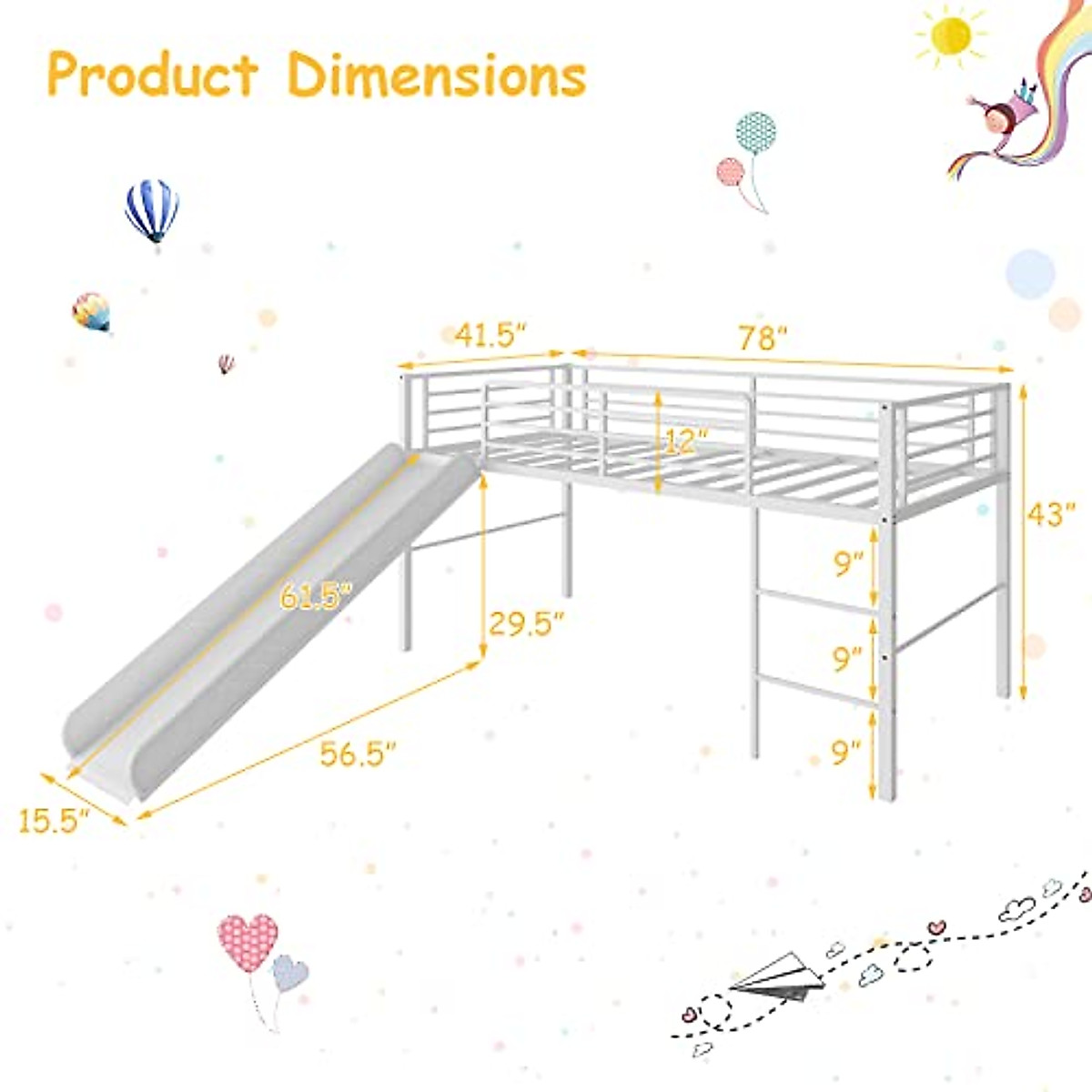 Giantex Twin Loft Bed with Slide, Metal Low Bunk Bed w/Safety Guardrails & Built-in Ladder, Toddler Bed Floor Frame for Boys & Girls, No Box Spring Needed (White)