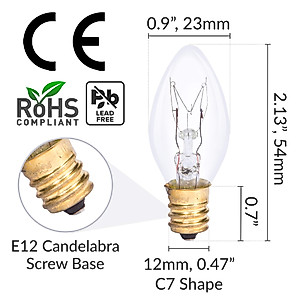Simba Lighting C7 4W Replacement Bulb (6 Pack) for Night Light, Clear Candle Shape, 120V, E12 Candelabra Base, Dimmable, 2700K Warm White
