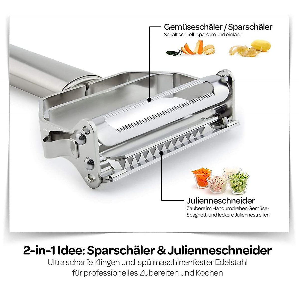 Vegetable Peeler，SZYIKUER Stainless Steel 2 in 1 Julienne Vegetable Peeler Perfect for Carrot Potato Melon Gadget Vegetable Fruit