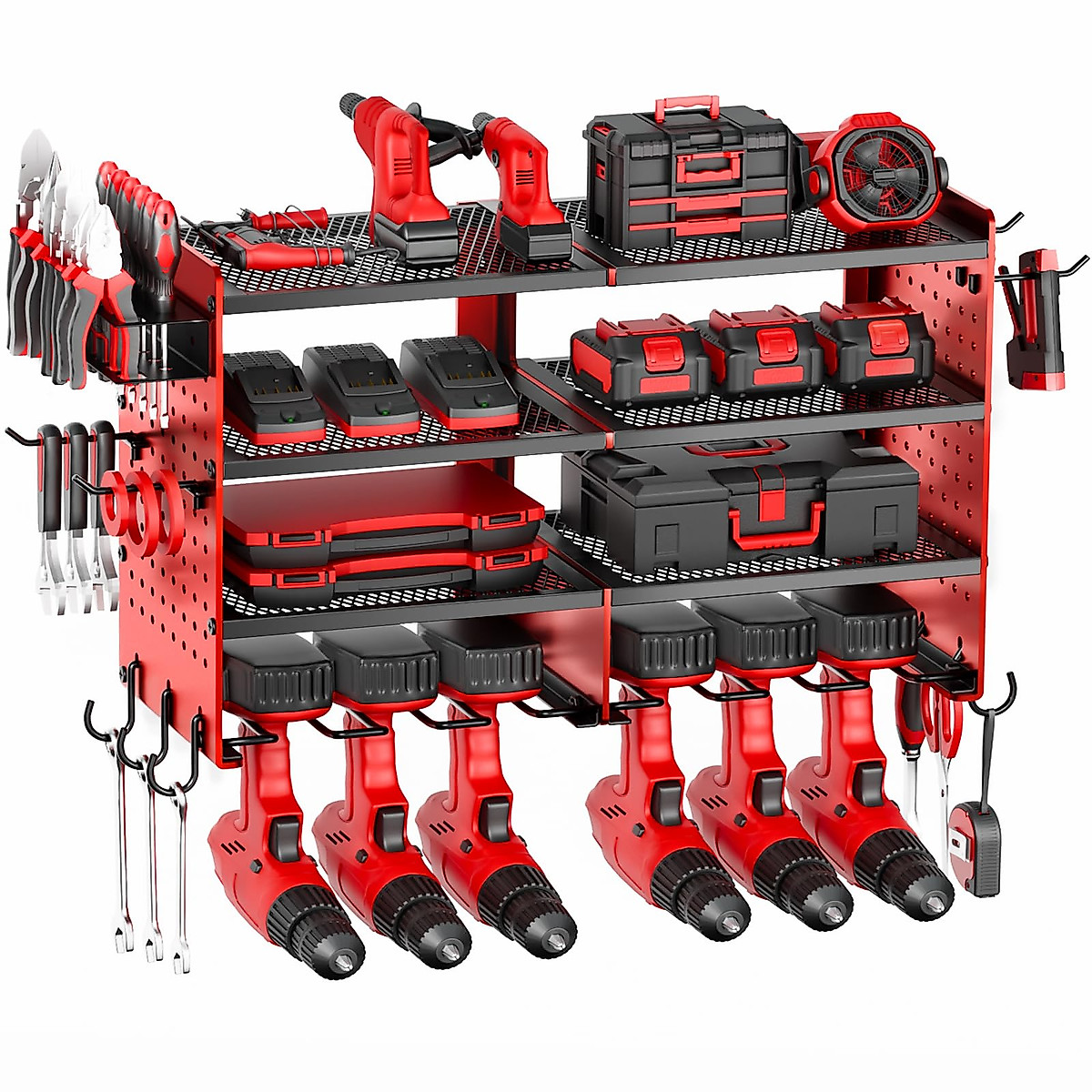 TomCare Power Tool Organizer Wall Mount 4 Layer Tool Storage Rack Heavy Duty Metal 6 Drill Holders Garage Tool Organizers and Storage Shelves with Screwdriver Holder Plier Holder for Garage Workshop