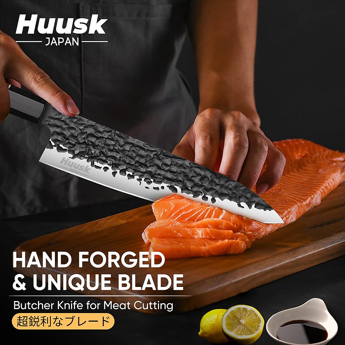 Huusk Japanese Gyuto Chef Knife - 8" Hand Forged Knives, 3 Layers 9CR18MOV High Carbon Kitchen Knife, Professional Sharp Cooking Knife with Ergonomic Handle for Meat, Vegetables, Fish