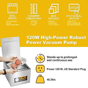 CNCEST Chamber Vacuum Sealer Machine,110V 120W Stainless Steel Tabletop Commercial Kitchen Food Chamber Vacuum Sealer Packaging Machine for Food,Fruit,Home, Commercial Using