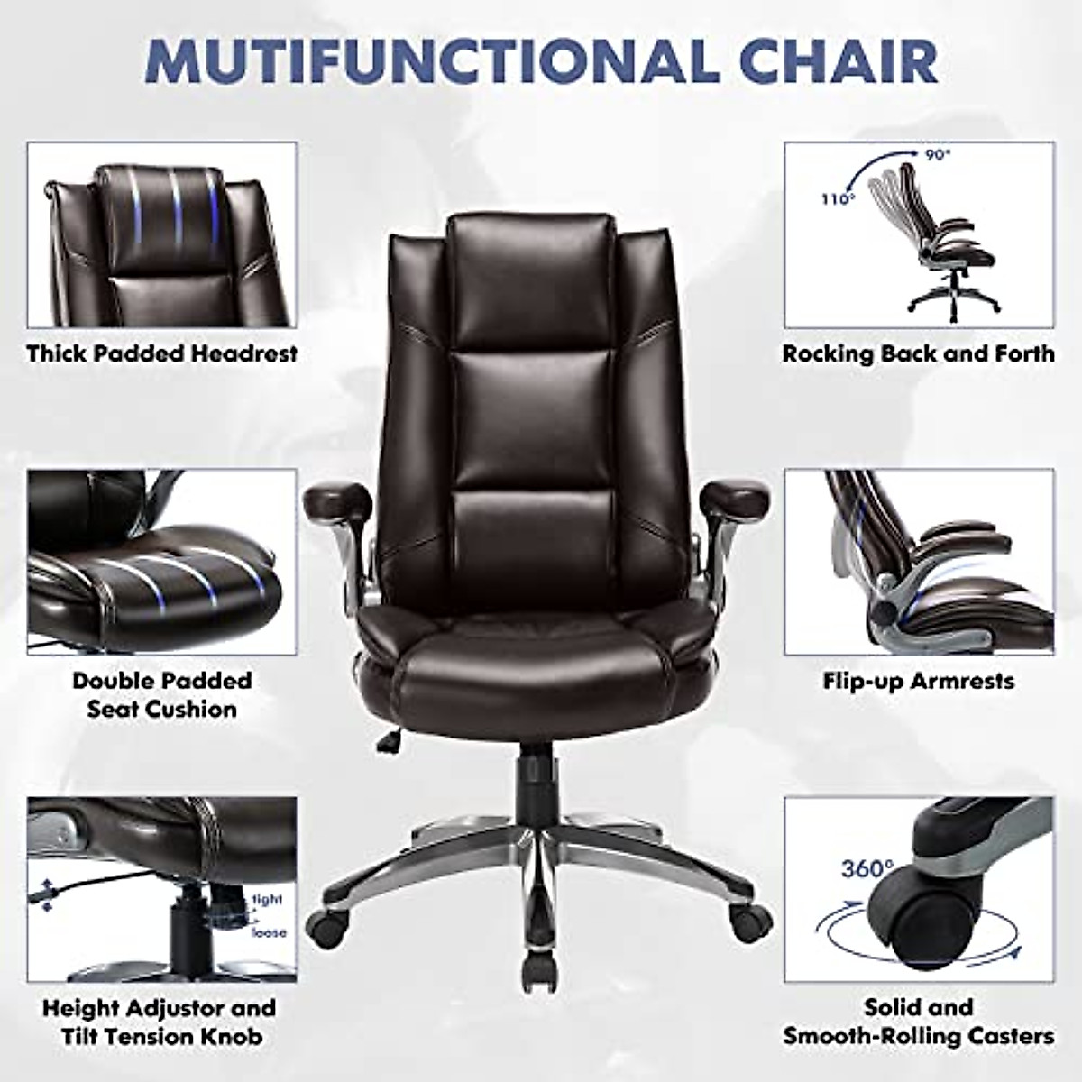 High Back Executive Office Chair-Ergonomic Bonded Leather Computer Chair with Flip-up Arms, Adjustable Tilt Tension, Padded Armrests, Swivel Rolling Home Office Desk Chair-Brown