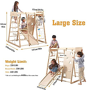Giant bean Large Size Indoor Playground Jungle Gym for 2-10yrs Kids,Toddlers Climber Toys 9-in-1 with Slide, Rock Climb Wall, Monkey Bars, Wood & Rope Ladder, Climbing Rope & Wall and Gymnastic Ring