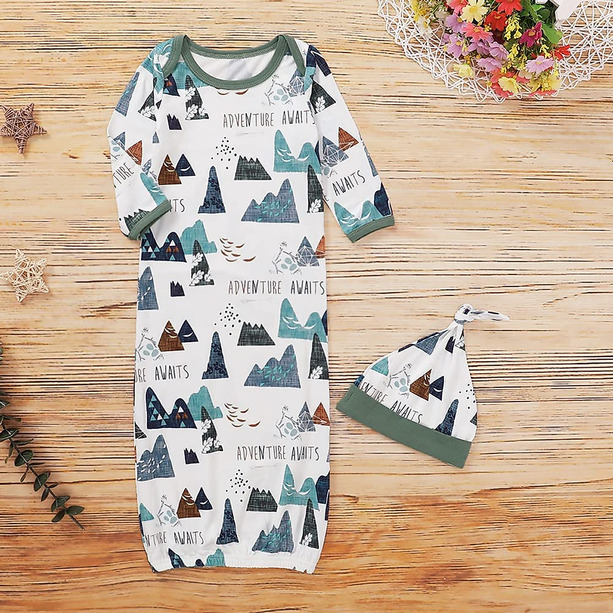 AMAWMW Newborn Baby Boys Girls Cartoon Sleeper Gown Long Sleeve Mountain Nightgown Hat Outfits (Cartoon Mountain, 0-6 Months)
