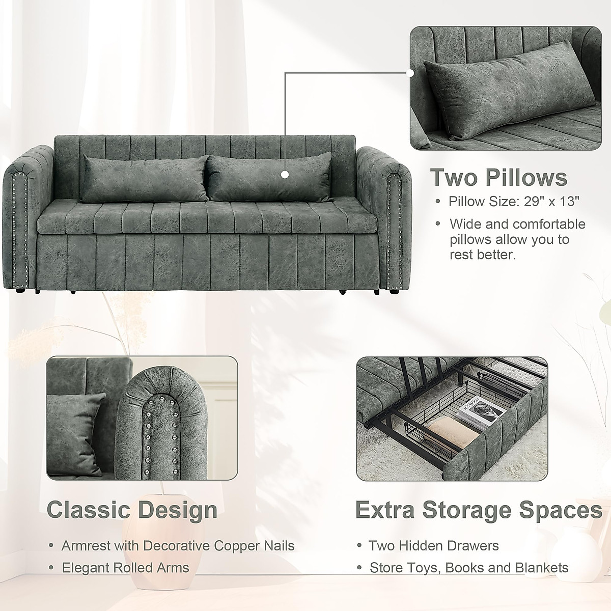 CALABASH 82.3" Queen Pull Out Couch Bed, 3 in 1 Convertible Sleeper Sofa Bed, Velvet 3-Seater Pullout Couch with 2 Storage Drawers for Living Room, Apartment, Small Space (Grey)