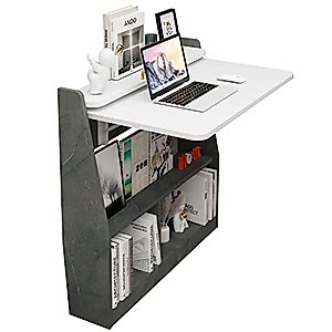 Pmnianhua Wall Mounted Folding Desk, 31'' Drop-Leaf Table,Drop Down Laptop Desk,Folding Wall Desk with Storage for Small Space Bedroom Living Room (Grey White)