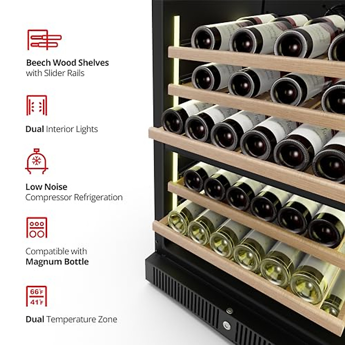 Frostronics 24 Inch Dual Zone Wine Refrigerator, 51 Bottles Under Counter Built-In or Freestanding Wine Cellar, Wine Cooler with Quiet Compressor Cooling and Reversible Glass Door, Fits Large Bottle