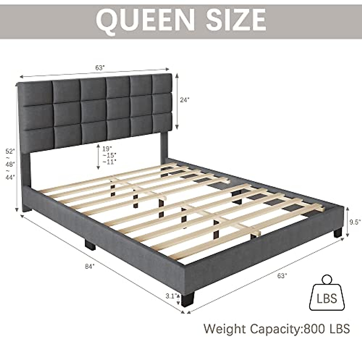 Fluest Queen Bed Frame Upholstered Bed Frame Platform with Adjustable Headboard Linen Fabric Tufted Headboard Wooden Slats Support/No Box Spring Needed/Easy Assembly/Mattress Foundation, Grey