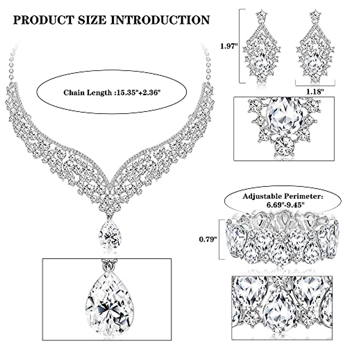 IRONBOX Crystal Wedding Bridal Jewelry Set for Women Prom Sliver Rhinestone Teardrop Necklace Earrings Bracelet Wedding Bridesmaid Gifts Fit with Wedding Dress