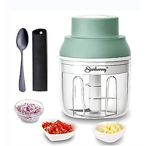 Electric Garlic Chopper Mini, Garlic Masher Mincer Crusher Pepper Chili Nuts Meat Grinder, Food Processor Small with Garlic Peeler And Spoon, 250ML/8.5FL OZ, Green