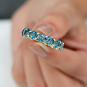 Rosec Jewels Natural London Blue Topaz Eternity Band for Women, AAA Quality, Certified Topaz Anniversary Ring - Ready to Gift, 14K Yellow Gold, Size:US 8.50