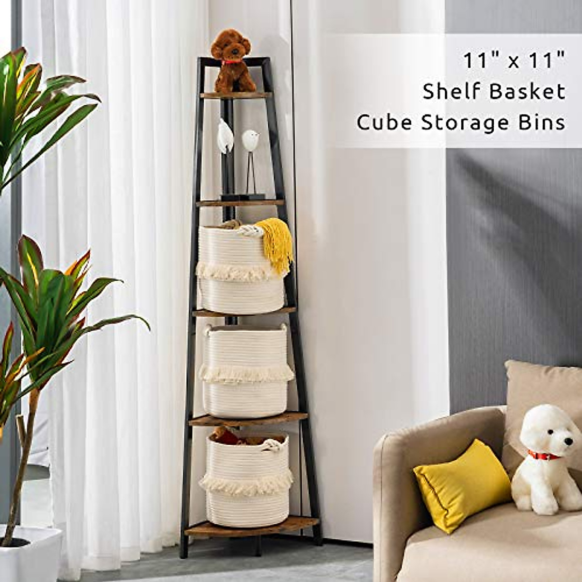 Woven Cotton Rope Farmhouse Storage Basket - 3 Pack 11 Inches Round Cube Decorative Organizer Bins with Cute Handles for Dog Toy, Clothes - Baby Girls Boys Nursery Decor