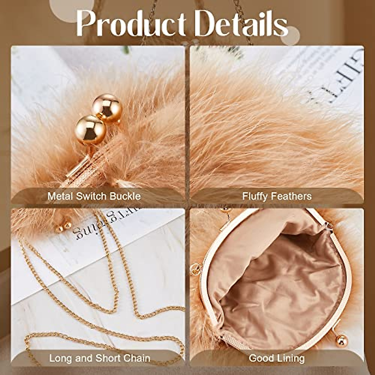 Women's Feather Clutch Purse Faux Fluffy Feather Round Clutch Shoulder Crossbody Bag Vintage Evening Bags with 2 Chains for Girls, Light Camel