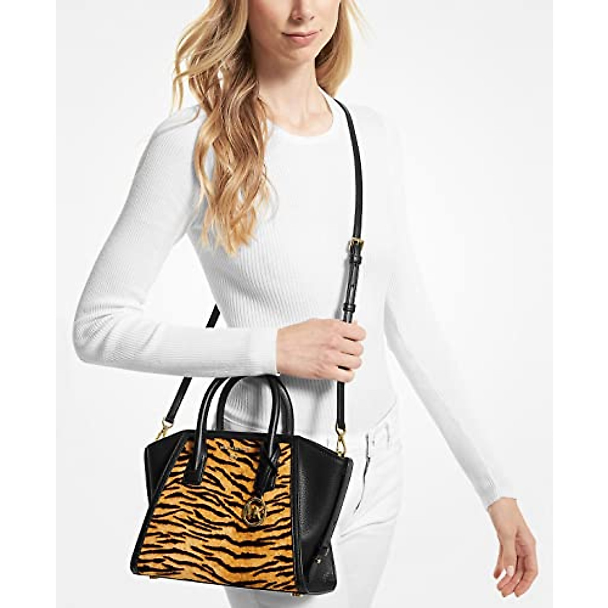 Michael Kors Avril Tiger Print Calf Hair Top Zip Small Satchel, Marigold