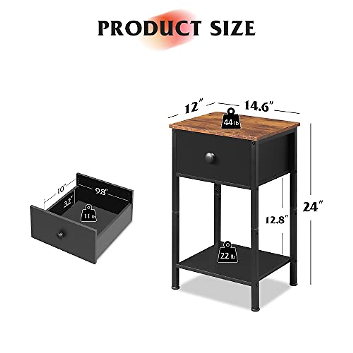 WLIVE Nightstand, Bedside Table with Adjustable Wooden Drawer, 2-Tier Night Stands for Couch, Bed, Sofa, End Table Side Table for Bedroom, Living Room, Black (1 Pack)