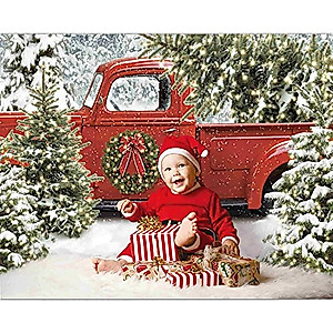 Funnytree 82" x 59" Christmas Red Truck Backdrop Winter Snowy Forest Tree Background Xmas Let it Snow Seasonal Baby Shower Birthday Party Banner Decor Portrait Photobooth Prop Gift Supplies Favors