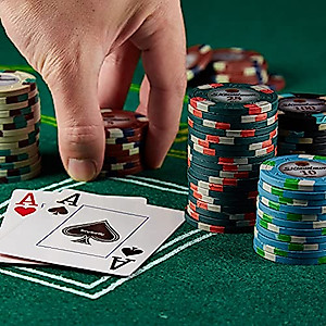 MBGBrybelly Showdown Poker Chip Set Aluminum Carry Case - Casino Clay Composite 13-Gram Quality Poker Chips - with Dice, Playing Cards - Heavy-Duty Protection - Locking Portable Case (500 ct.)