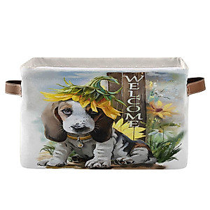 ALAZA Decorative Basket Rectangular Storage Bin, Welcome Sunny The Beagle Organizer Basket with Leather Handles for Home Office