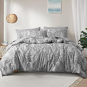 PHF Soft Printed Comforter Sets Queen-7 PCS Bed in A Bag Comforter & Sheet Set-Flowers Botanical Cozy Bedding Set Include Comforter, Pillow Shams, Flat Sheet, Fitted Sheet and Pillowcase, Grey