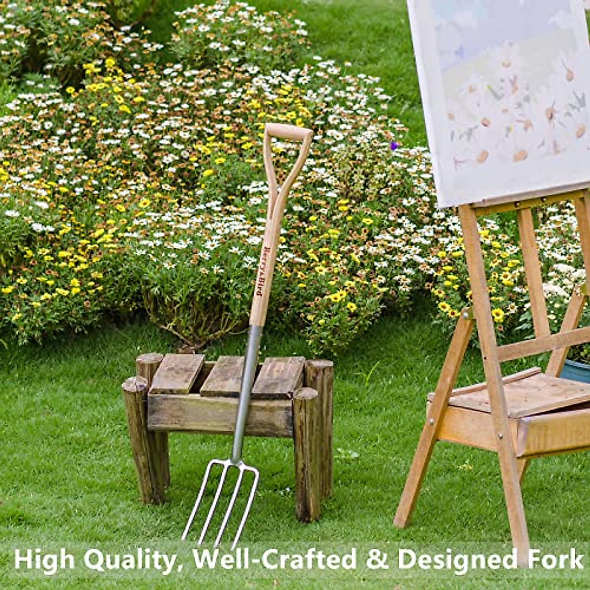 Berry&Bird Garden Digging Fork, 37.4" Stainless Steel Garden Spading Fork with D-Grip Handle, 4-Tine Heavy Duty Long Handled Pitchfork with Ash Wood Handle for Digging, Planting, Aerating, Cultivating