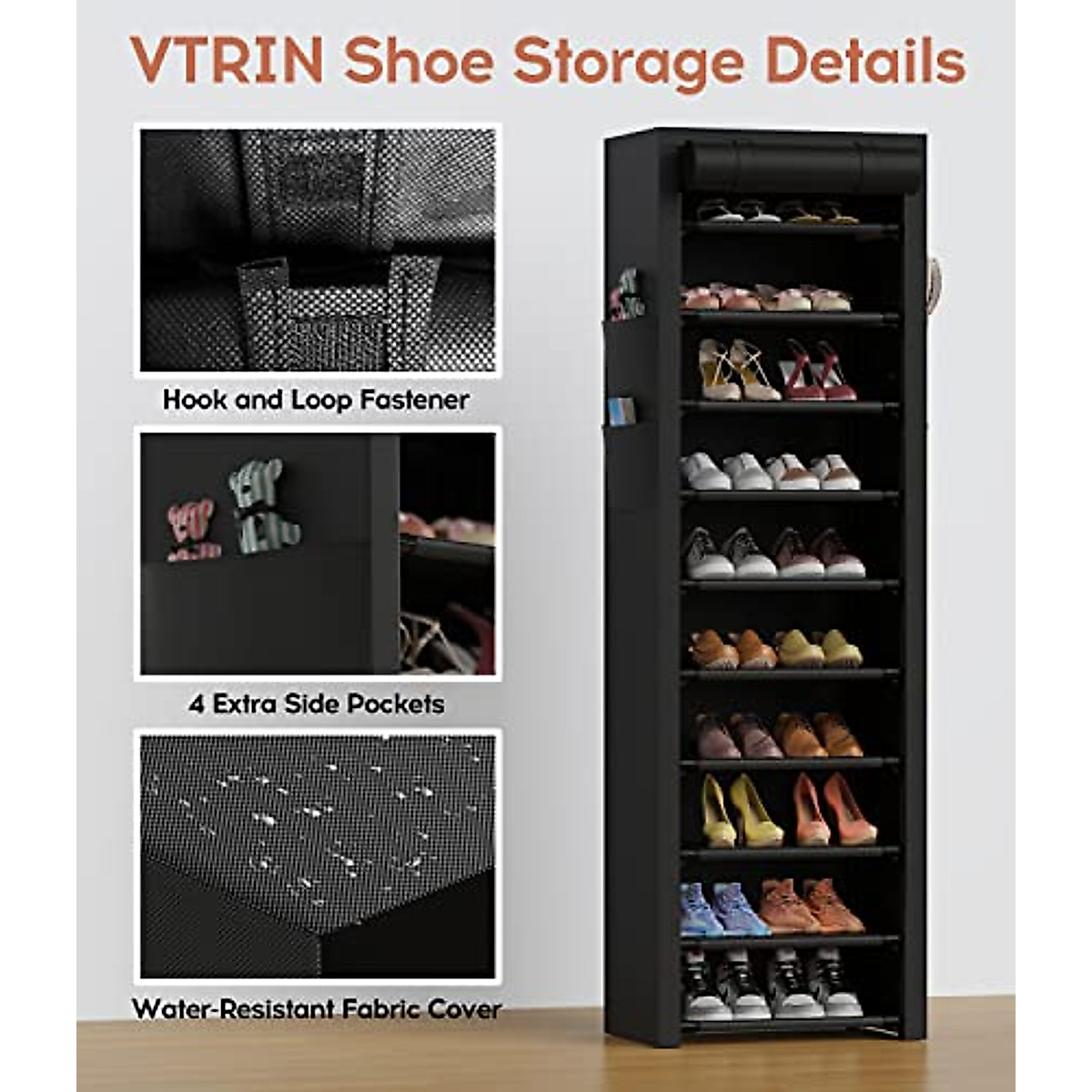 VTRIN Narrow Shoe Rack with Covers 10 Tiers Tall Shoe Rack for Closet Entryway Sturdy Shoe Rack Organizer Holds 20-22 Pairs Free Standing Shoe Storage Cabinet with Dustproof Cover Shoe Shelf