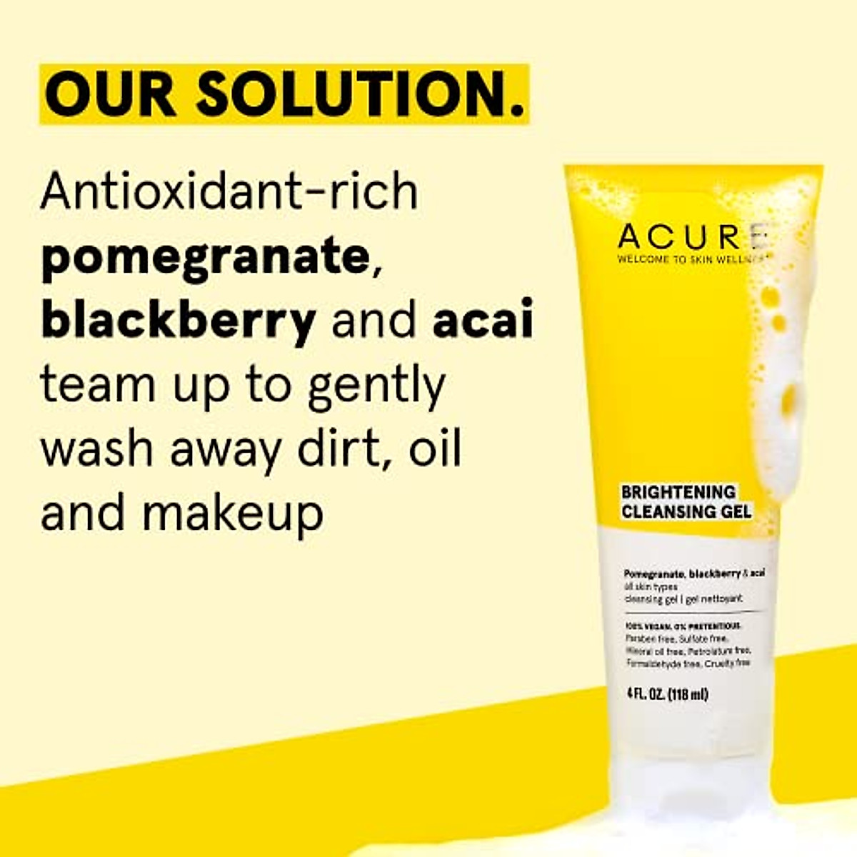 Acure Brightening Cleansing Gel, 100% Vegan for A Brighter Appearance, Pomegranate, Blackberry & Acai, Antioxidant, Rich & Super Gentle, All Skin Types, Superfruit + Chlorella, 4 Fl Oz