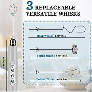 BSRGMS Milk Frother Handheld for Coffee, Electric Whisk 3 Speed Adjustable, Drink Mixer with Stainless 3 Whisks, Rechargeable Hand Frother Wand, Foam Maker for Latte Cappuccino Matcha Egg Silver