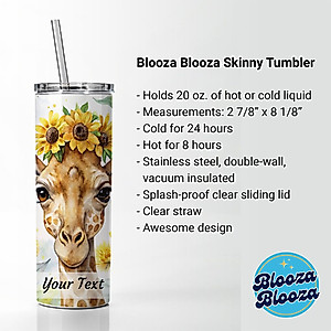 Personalized Custom Name Text Giraffe Watercolor Design With Sunflowers Skinny Tumbler 20oz with Straw Insulated Water Bottle Gift - 1 Line Horizontal