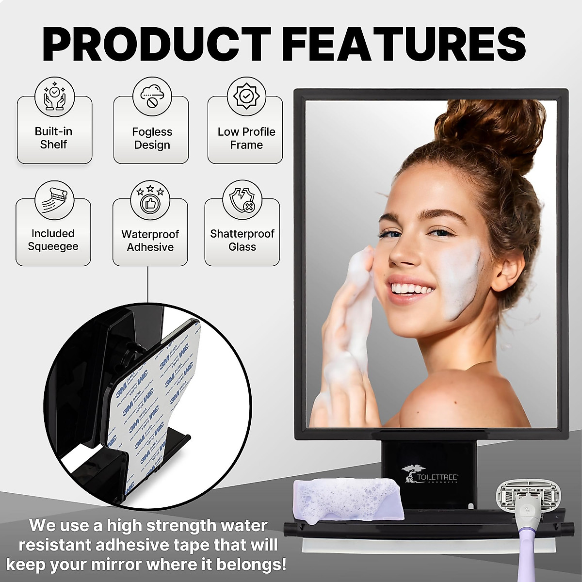 ToiletTree Products Deluxe Larger Fogless Shower Shaving Mirror with Squeegee, Large, Black