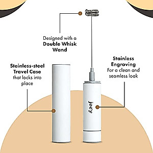 Froth'y, High-Grade Milk Frother, Automatic Stainless-Steel Frother for Coffee & More, Frother Handheld Device with a Double-Whisk Wand, Battery-Powered Drink Frother with a Travel Case, White - Joe’y