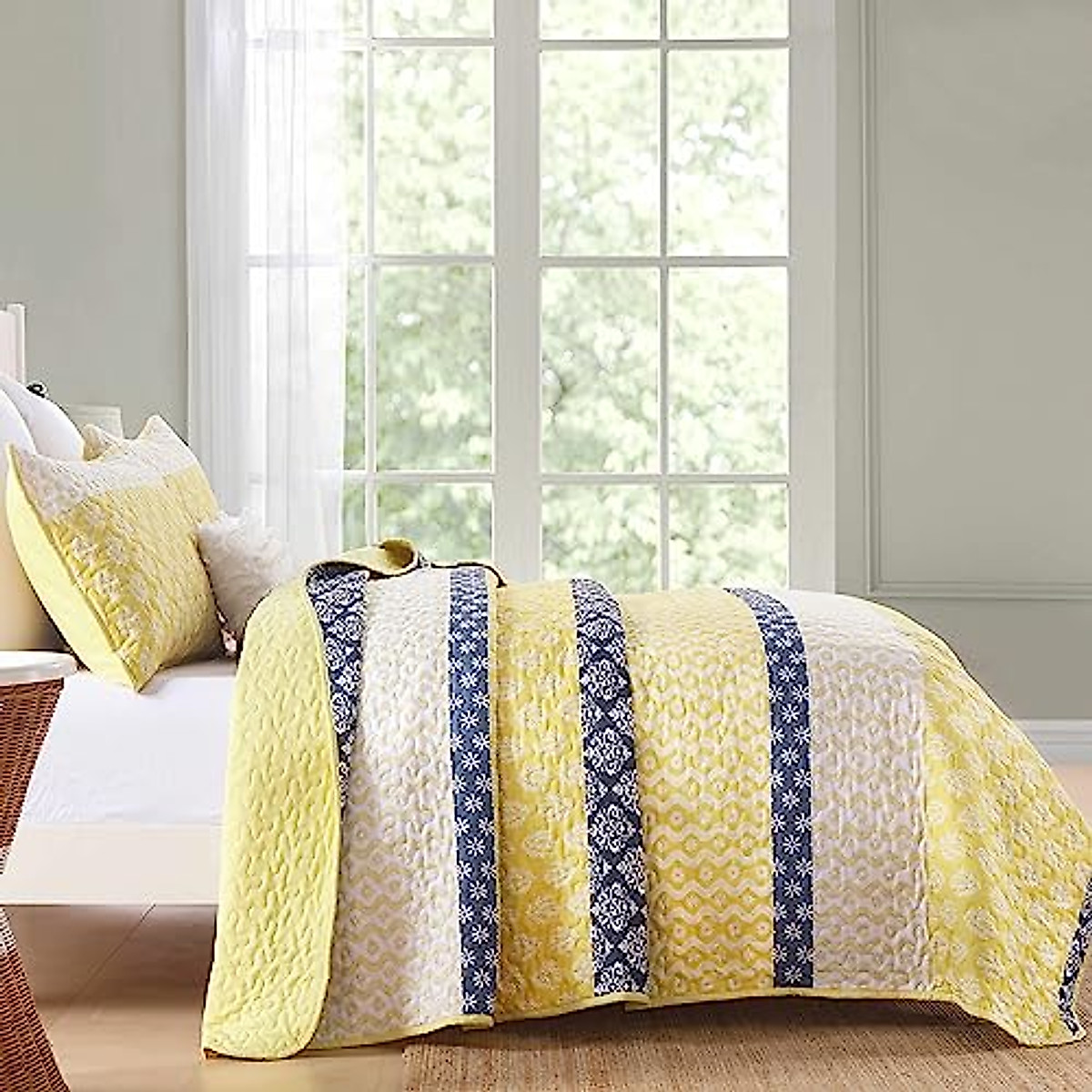Boho Quilt Set Queen Size Yellow Bohemian Quilt Bedding Set Striped Lightweight Summer Bedspread Coverlet Bedding Set 96"x90" (3 Pieces)