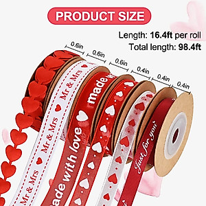 6 Rolls Valentine's Day Ribbon Set Organza Love Heart Printed Grosgrain Satin Ribbon for Wreaths Bows DIY, Gift Wrapping, Wreath, Wedding Decorations on Valentine's Day (98.4 Ft ，33Yards)