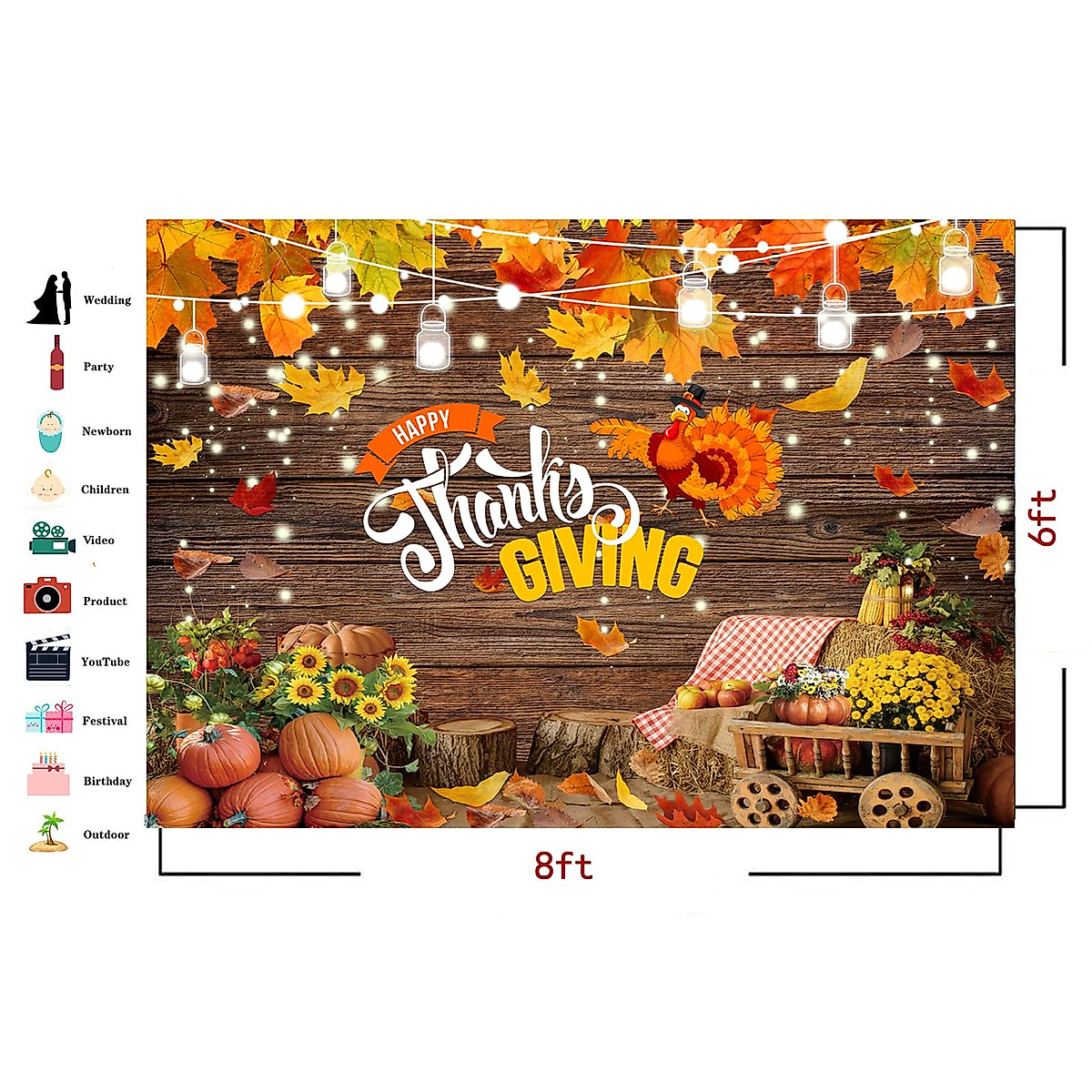 Dudaacvt 8x6ft Thanksgiving Photography Backdrop Rustic Wooden Floor Barn Harvest Background Thanksgiving Turkey Autumn Pumpkins Backdrop Thanksgiving Party Decoration Backdrop D643