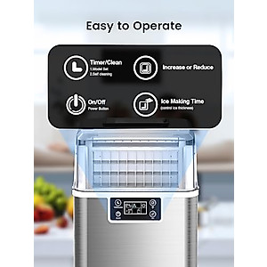 Kndko Ice Cube Maker Machine Countertop, 2 Ways to Add Water, 45Lbs/Day, 24 Pcs Ready in 13 Mins, 2.6 lbs Capacity, Ice Makers Countertop with 24H Timer for Home Bar RV,Stainless Steel Ice Maker