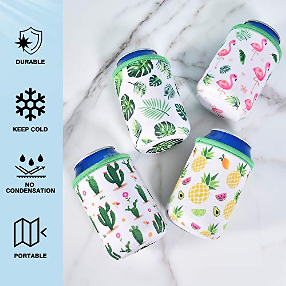 Set of 4 Neoprene Can Sleeves - Collapsible Thermocoolers Can Cooler Sleeves Tropical Summer Soda Beer Caddies for Weddings Bridal Shower Birthday Beach Bachelorette Parties