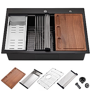 33 Black Drop In Kitchen Sink Workstation - iAnomal 33 x 22 Black Kitchen Sink Drop In Topmount Workstation Sink 16 Gauge 10 Inch Deep Stainless Steel Single Bowl Kitchen Sink with Cutting Board