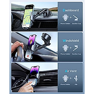 HTU Cell Phone Holder for Car [Powerful Suction Cup Never Fall] Universal Car Phone Holder Mount for Dashboard Windshield Air Vent Long Arm Cell Phone Car Mount Thick Case Heavy Phones Friendly