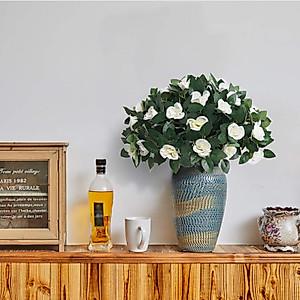 Houele - 6 Pcs 10.92" Milky White Flowers, Artificial Rose Bouquet Fake Flowers, Faux Plastic Greenery Foliage Plants for Home Garden Office Wedding Indoor Decoration